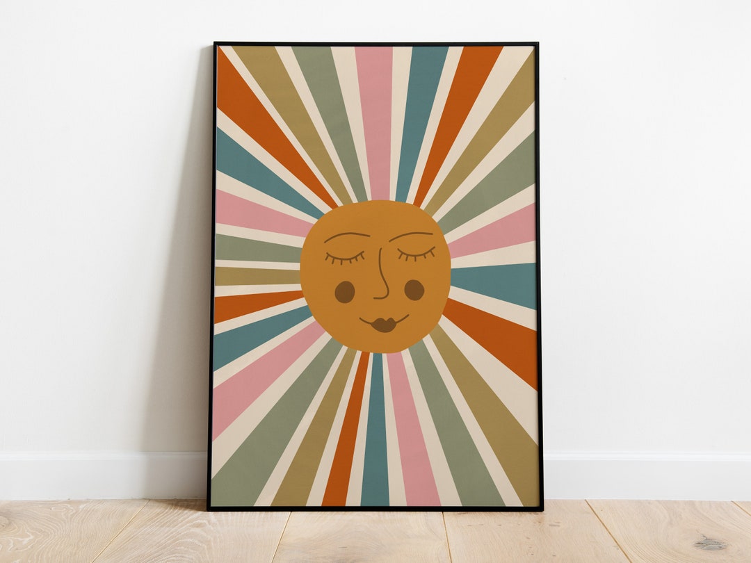 Hippie Sunburst Print. Abstract Playroom Prints, Happy Yellow Sun ...