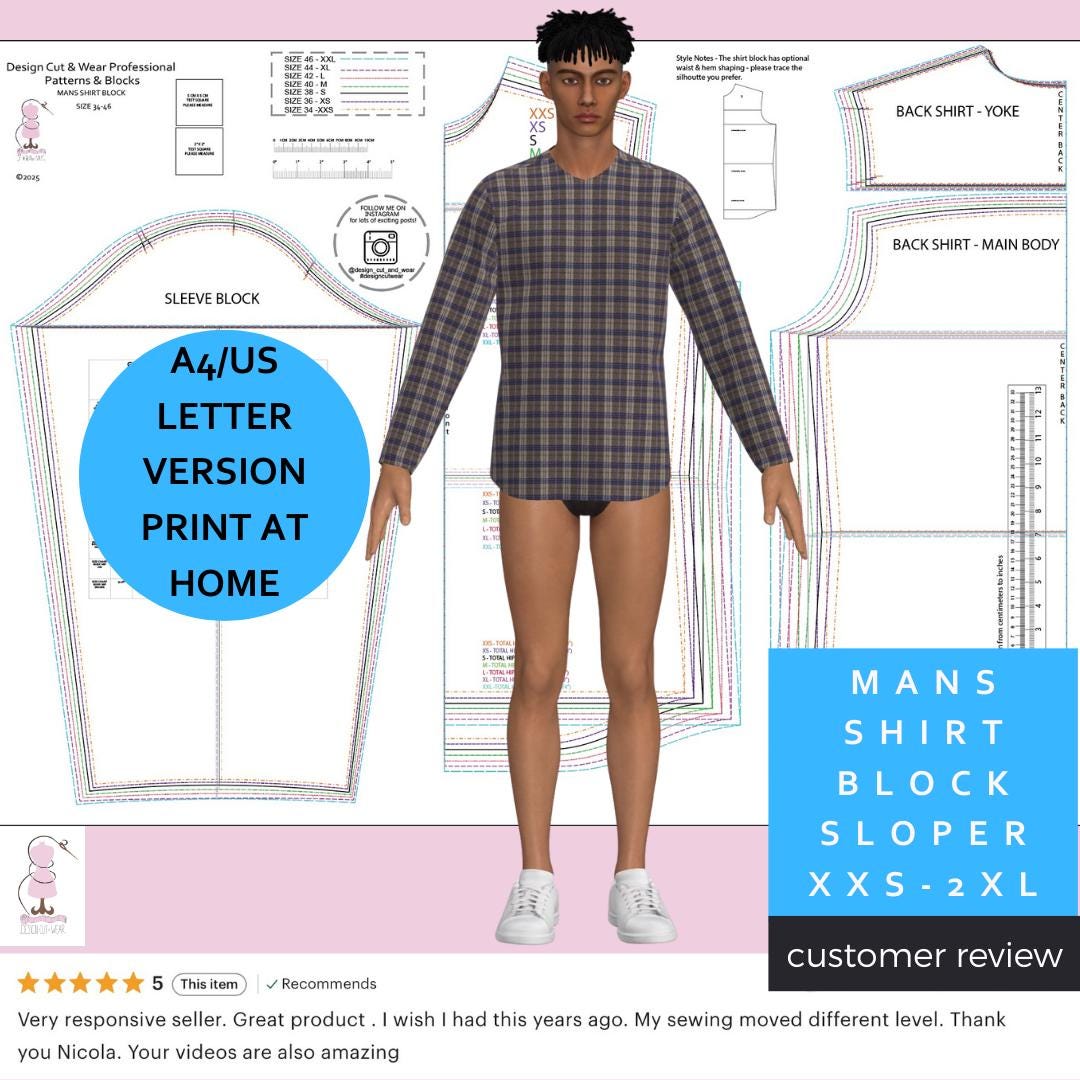 Mans Shirt - Basic Block - Mens Slopers - Size XXS - 2XL - A4 US Letter ...