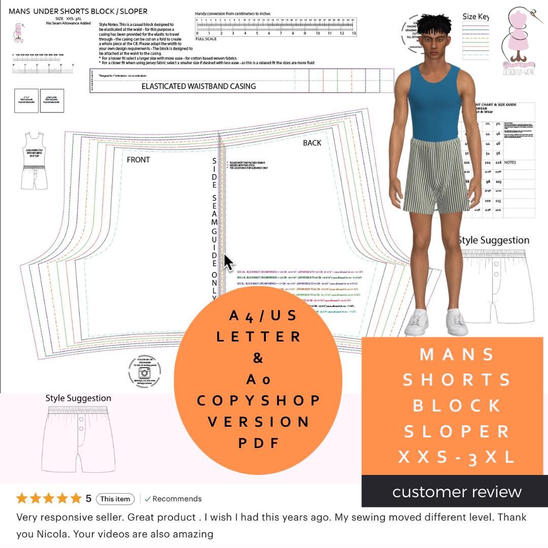 Mens Shorts / Under Shorts - Basic Block or Sloper - Size XS - 3XL ...