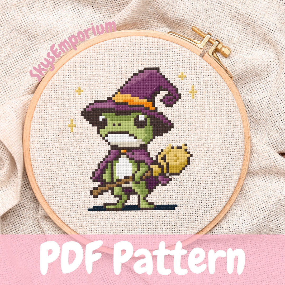 Witch Frog Cross Stitch Pattern, Frog Embroidery Pattern, Printable PDF ...