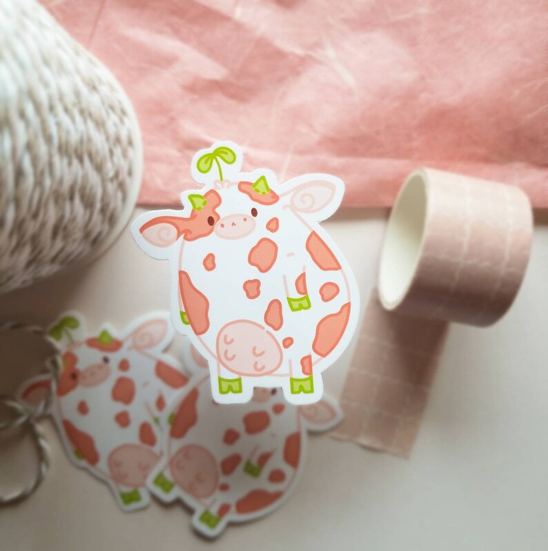 Cute Vinyl Peach Cow Sticker // Weatherproof Kawaii Decal // | Etsy