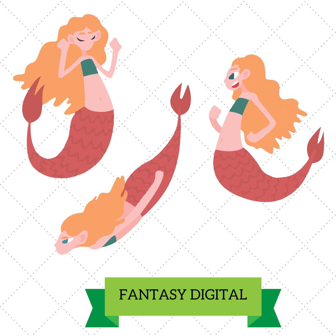 Ginger Mermaids Clip-art 3 Designs Transparent Background for - Etsy