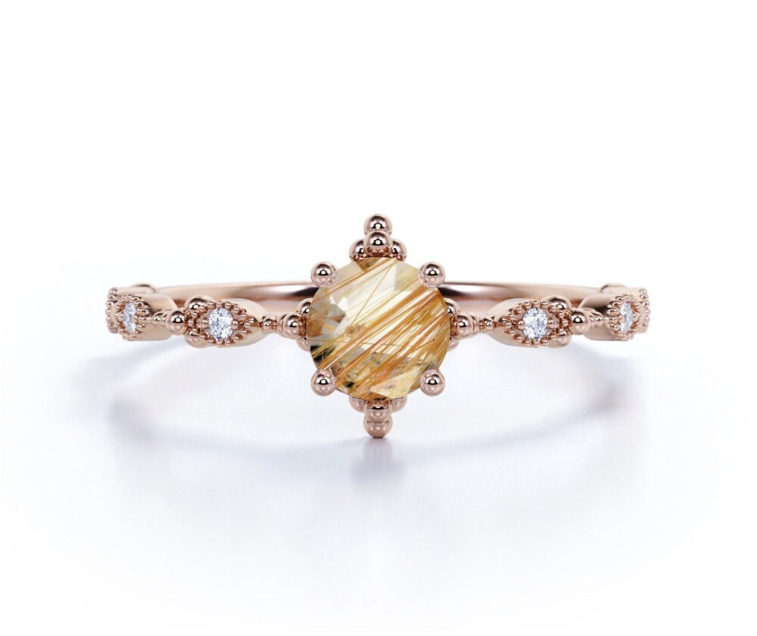 Round Shaped Golden Rutile Engagement Ring Art Deco Golden Rutile ...