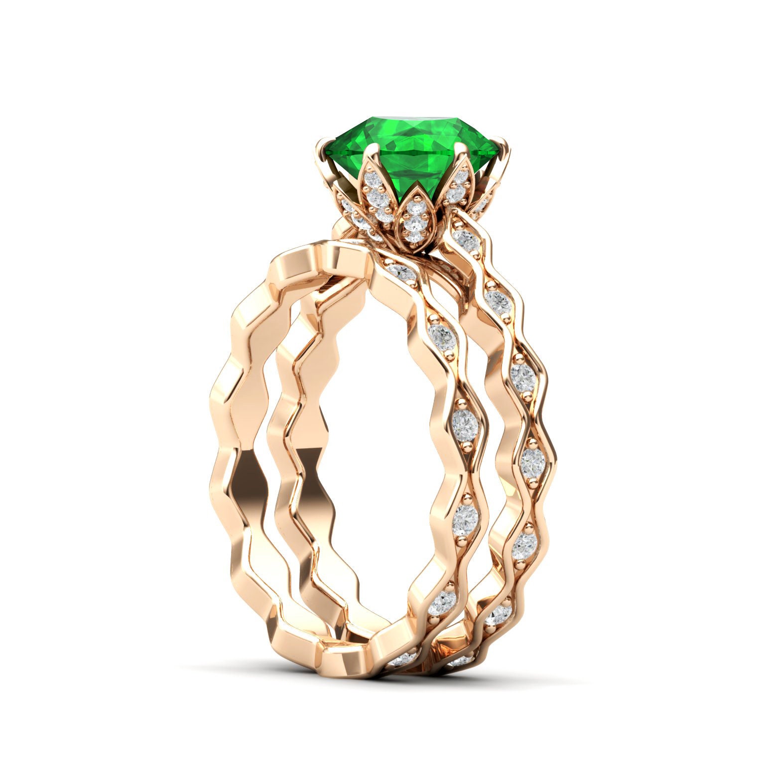 Green Emerald Engagement Ring Set 14K Rose Gold Emerald Ring - Etsy