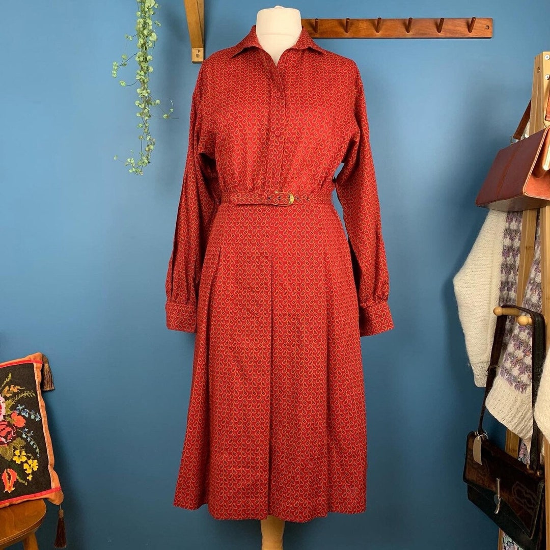 Long-sleeved Shirt Dress in a Beautiful 1980s Rust Color Print / Design ...