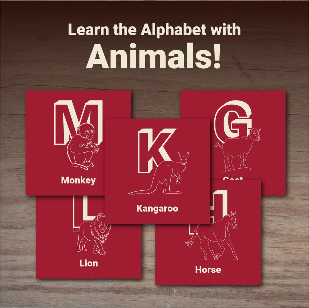 Alphabet Flash Cards With Animals | Red Theme | ABC Printable for Kids ...