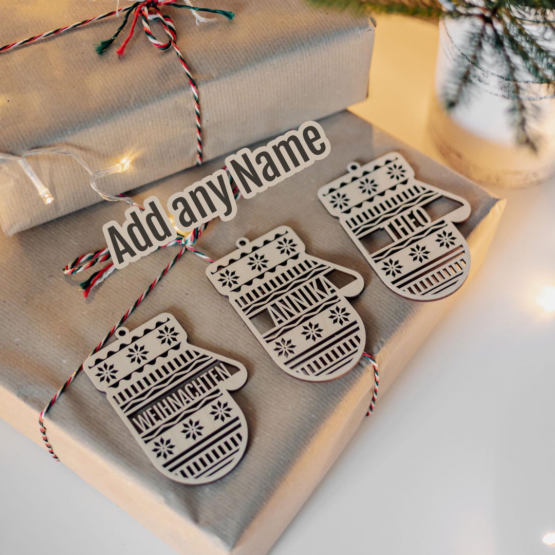 Personalized Wooden Gift Tag – Custom Name Mitten, Birch Wood Christmas ...