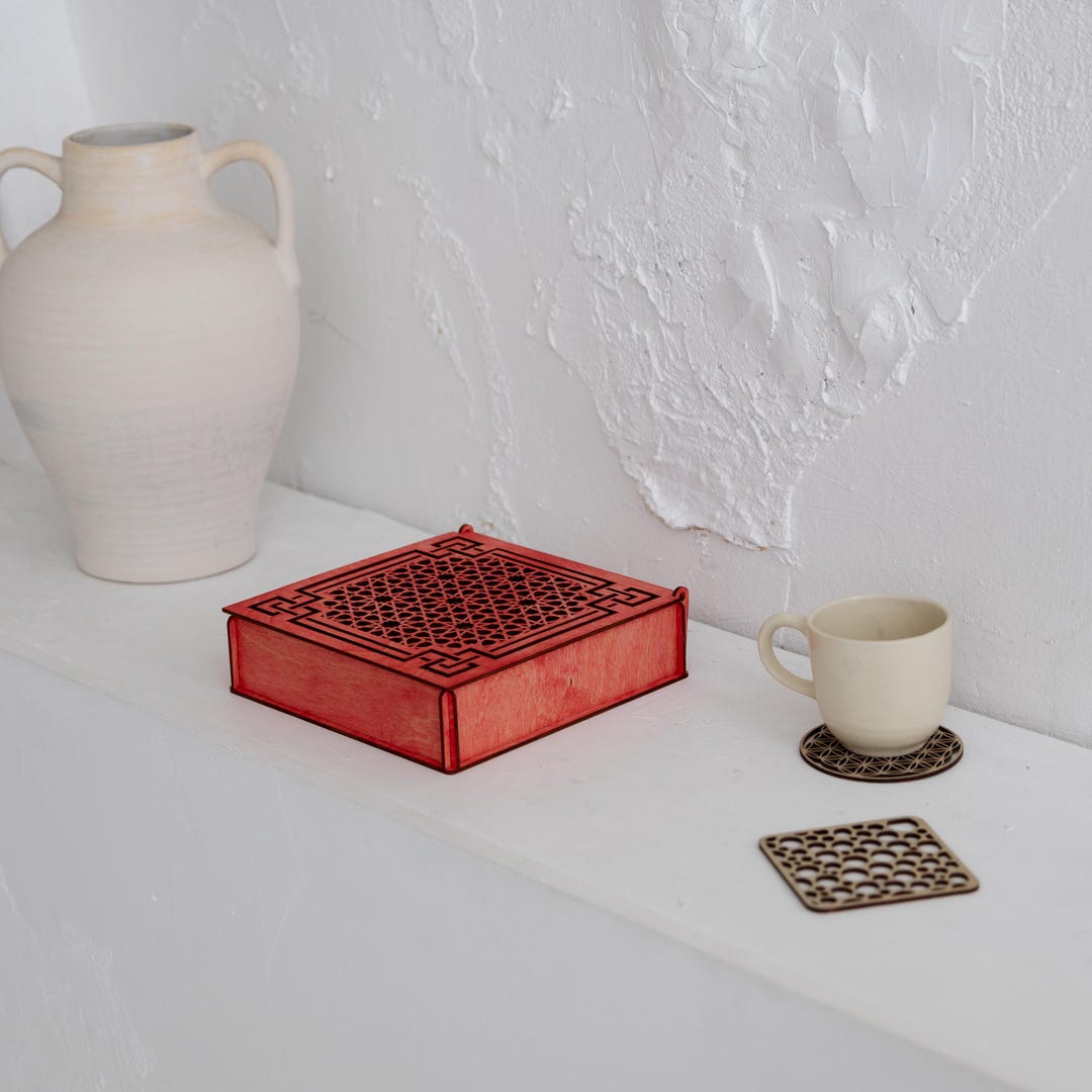 Red Square Wooden Tea Box – 4 Compartment Organizer With Star Design ...