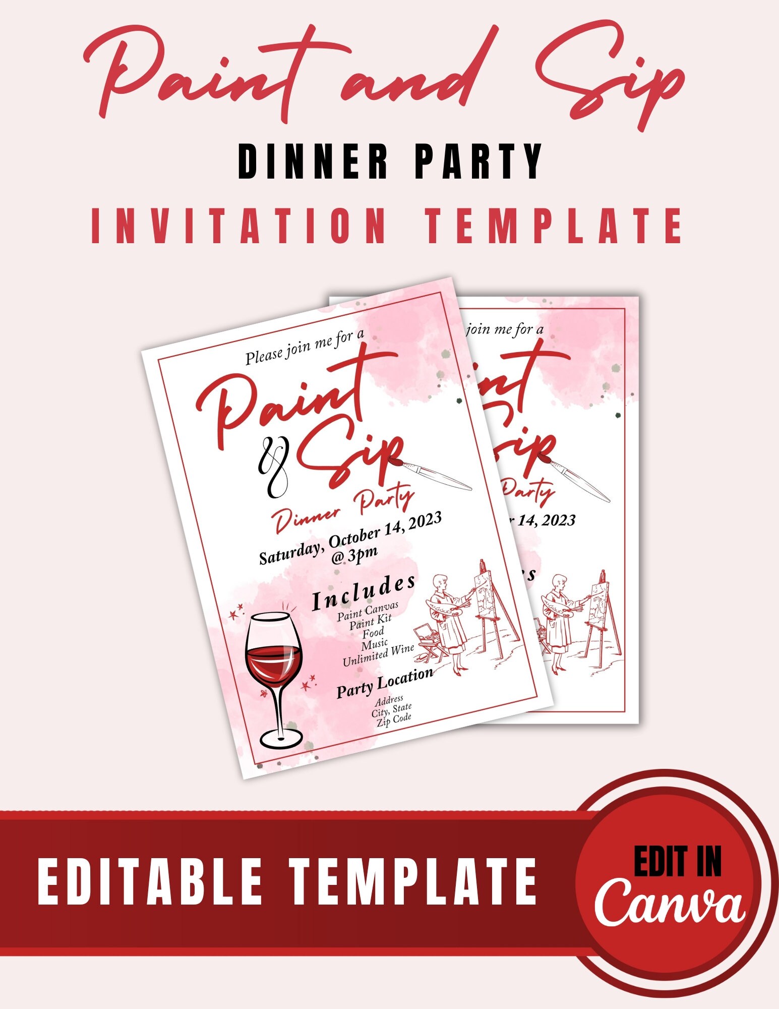 Paint and Sip Dinner Party Invitation Template - Etsy