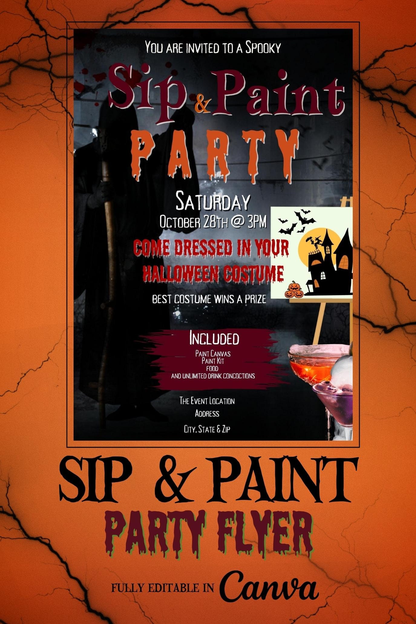 Sip and Paint Halloween Flyer Template - Etsy