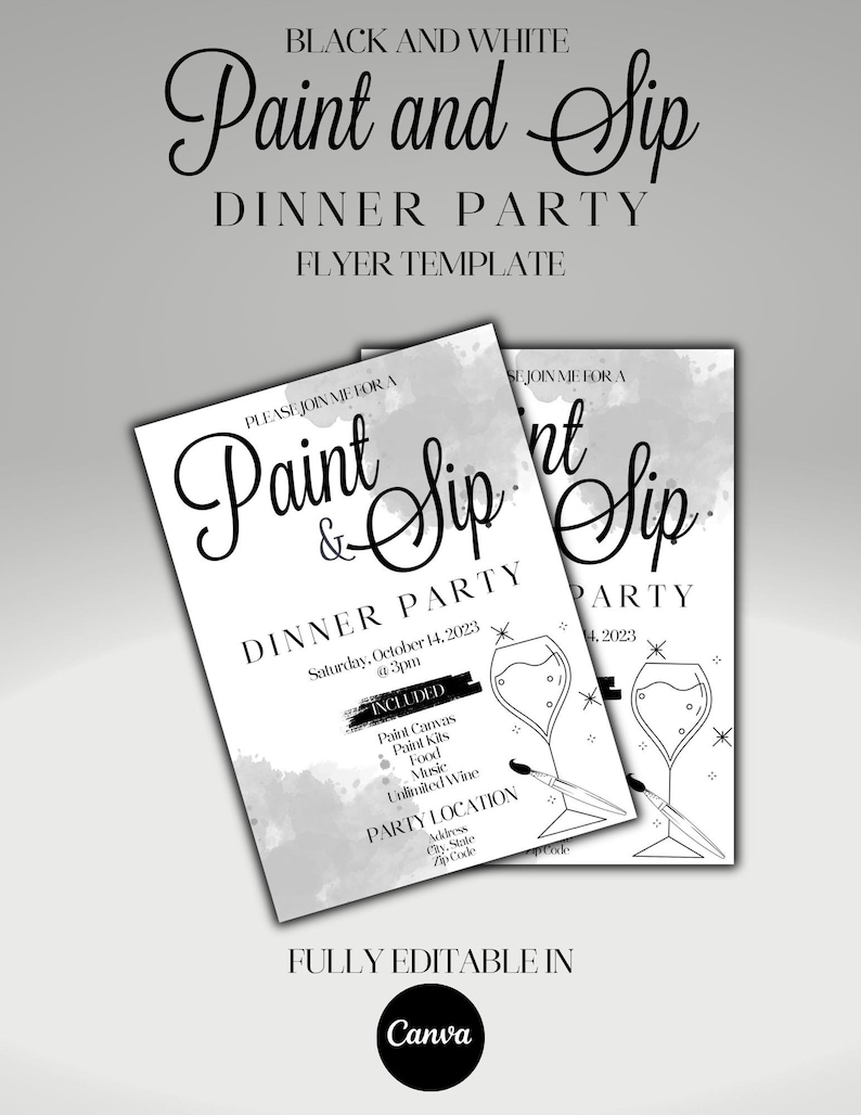 Paint and Sip Invitation Template (black and White) - Etsy