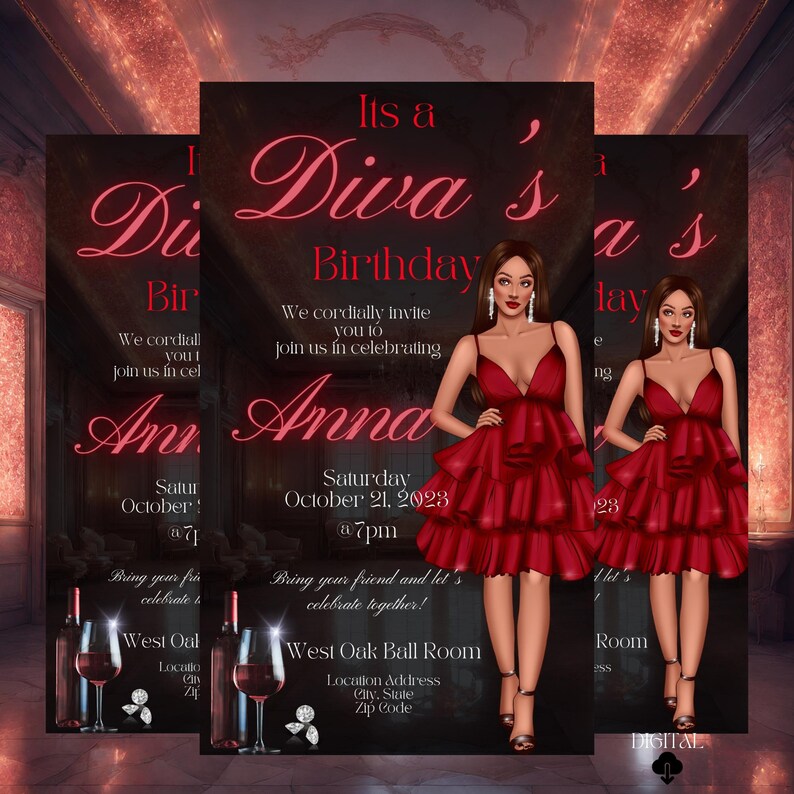 Diva Birthday Invitation – Canva Editable Luxury Party Template ...