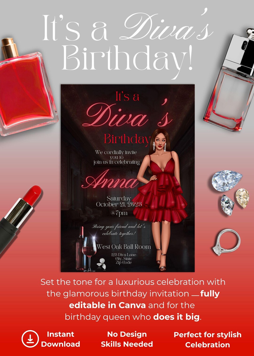 Diva Birthday Invitation – Canva Editable Luxury Party Template ...