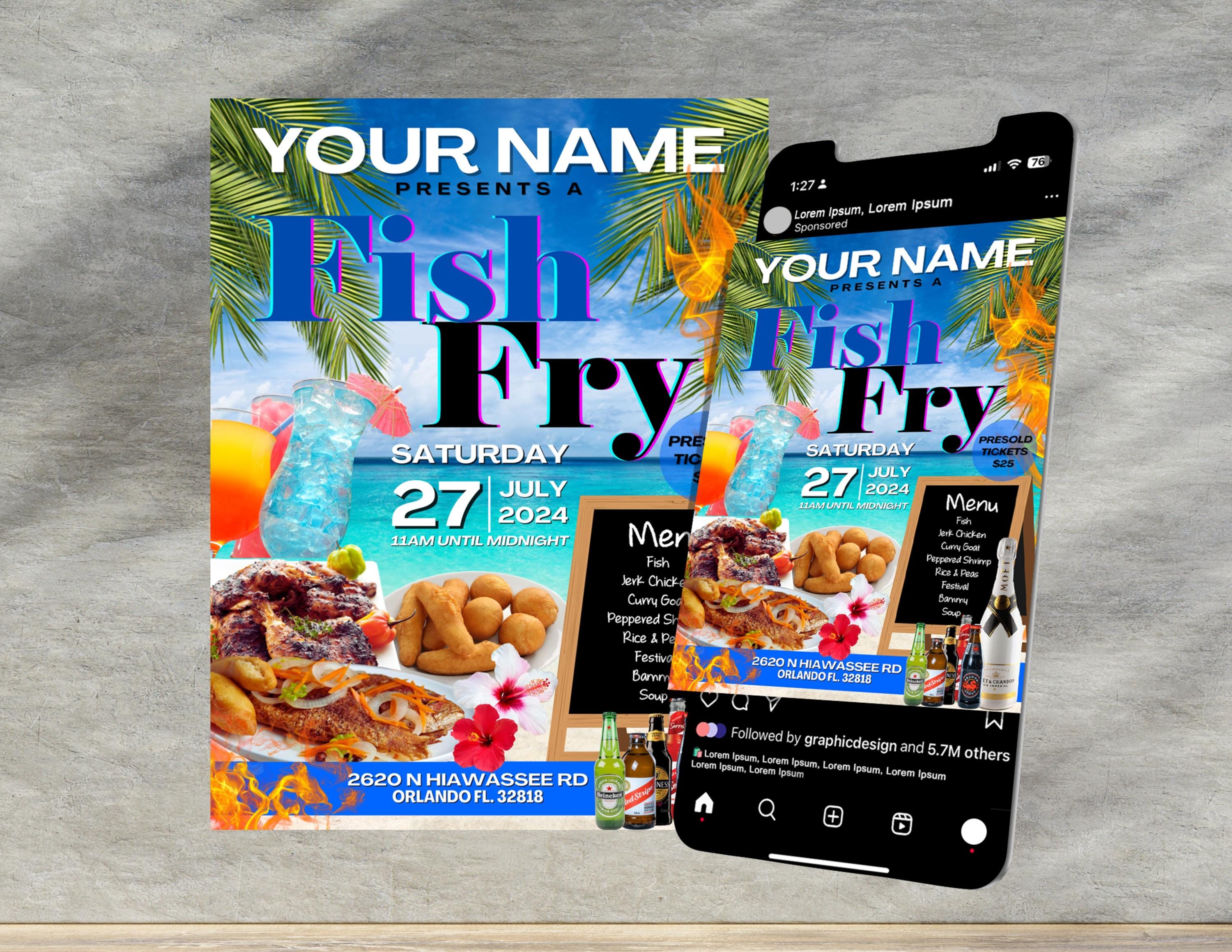 Editable Fish Fry Event Flyer Template | Canva, Seafood Dinner (digital ...