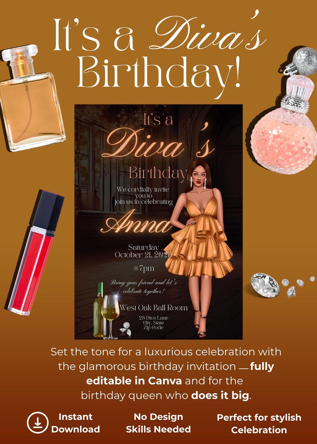 Editable Diva Birthday Invitation | Glam Gold Party Flyer | Elegant ...