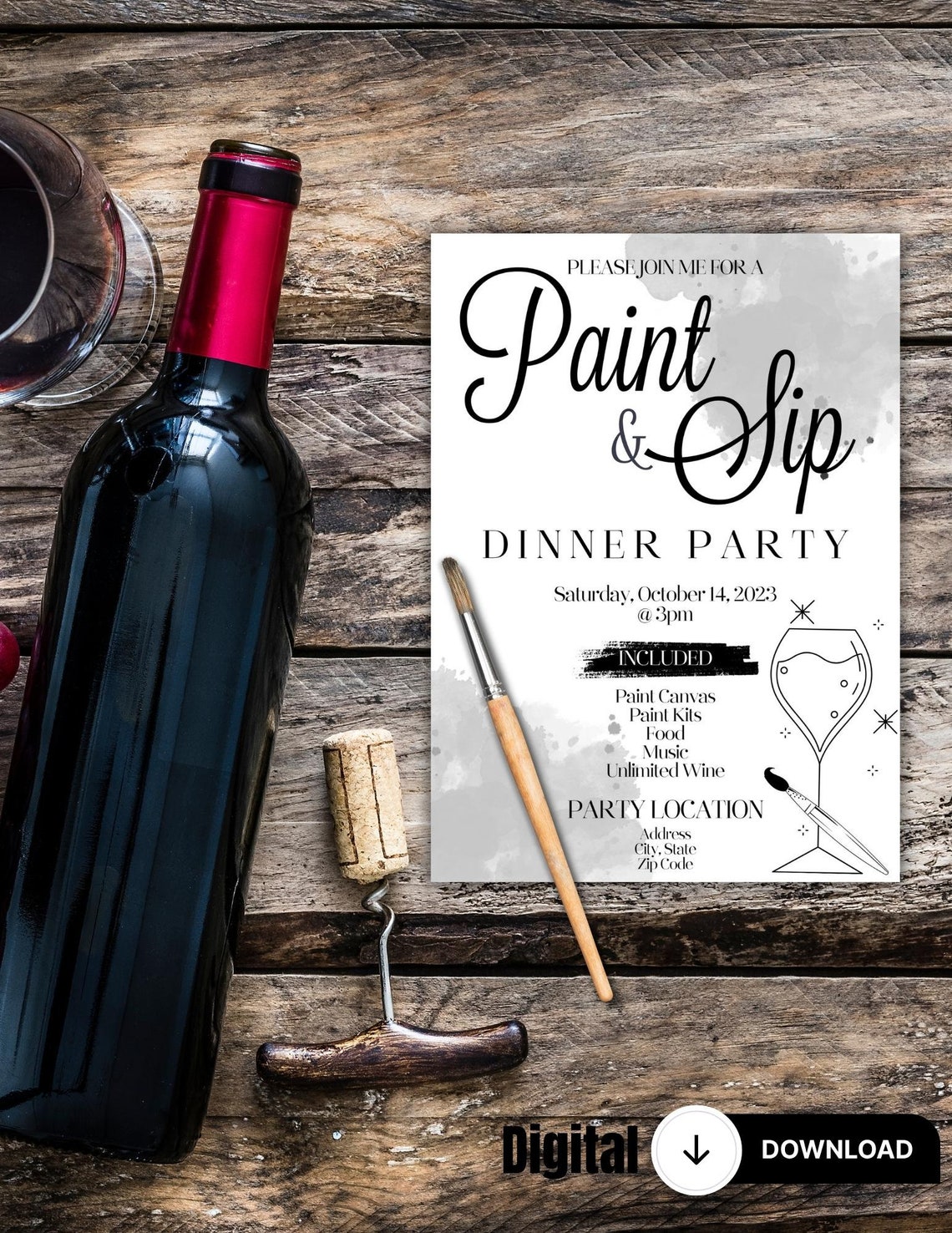 Paint and Sip Invitation Template (black and White) - Etsy