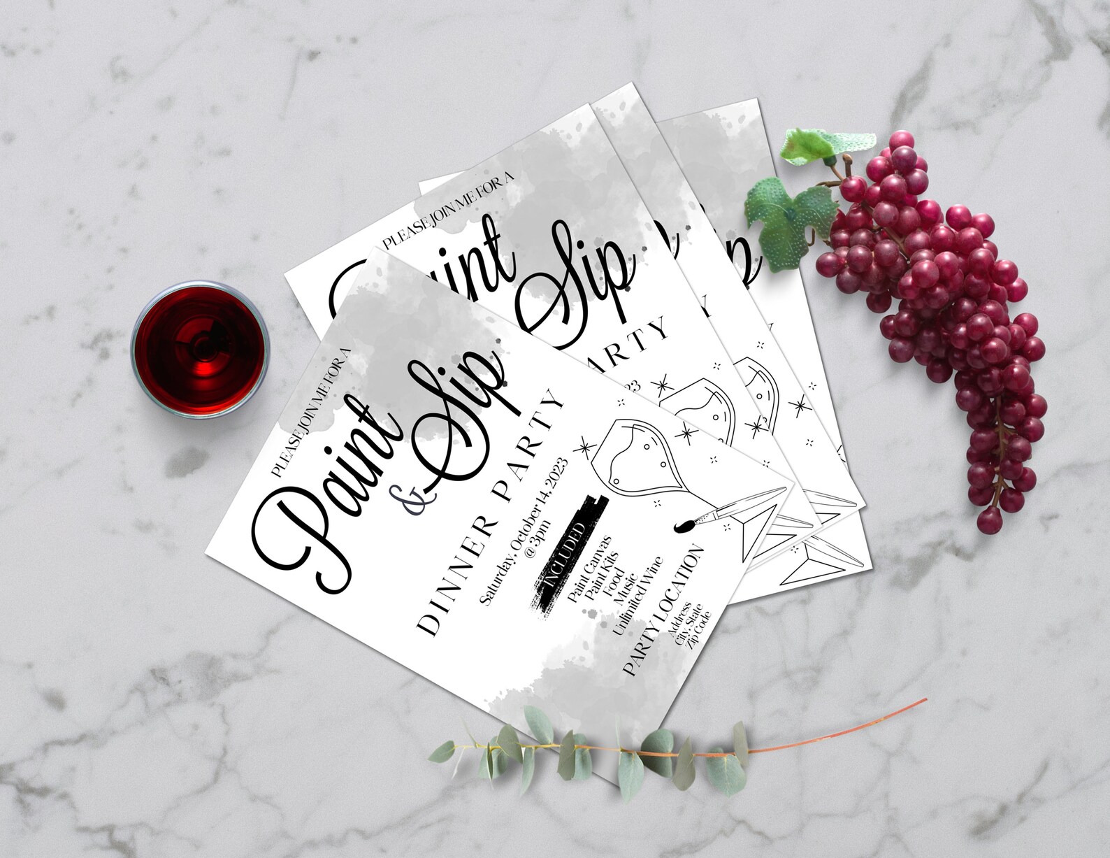 Paint and Sip Invitation Template (black and White) - Etsy