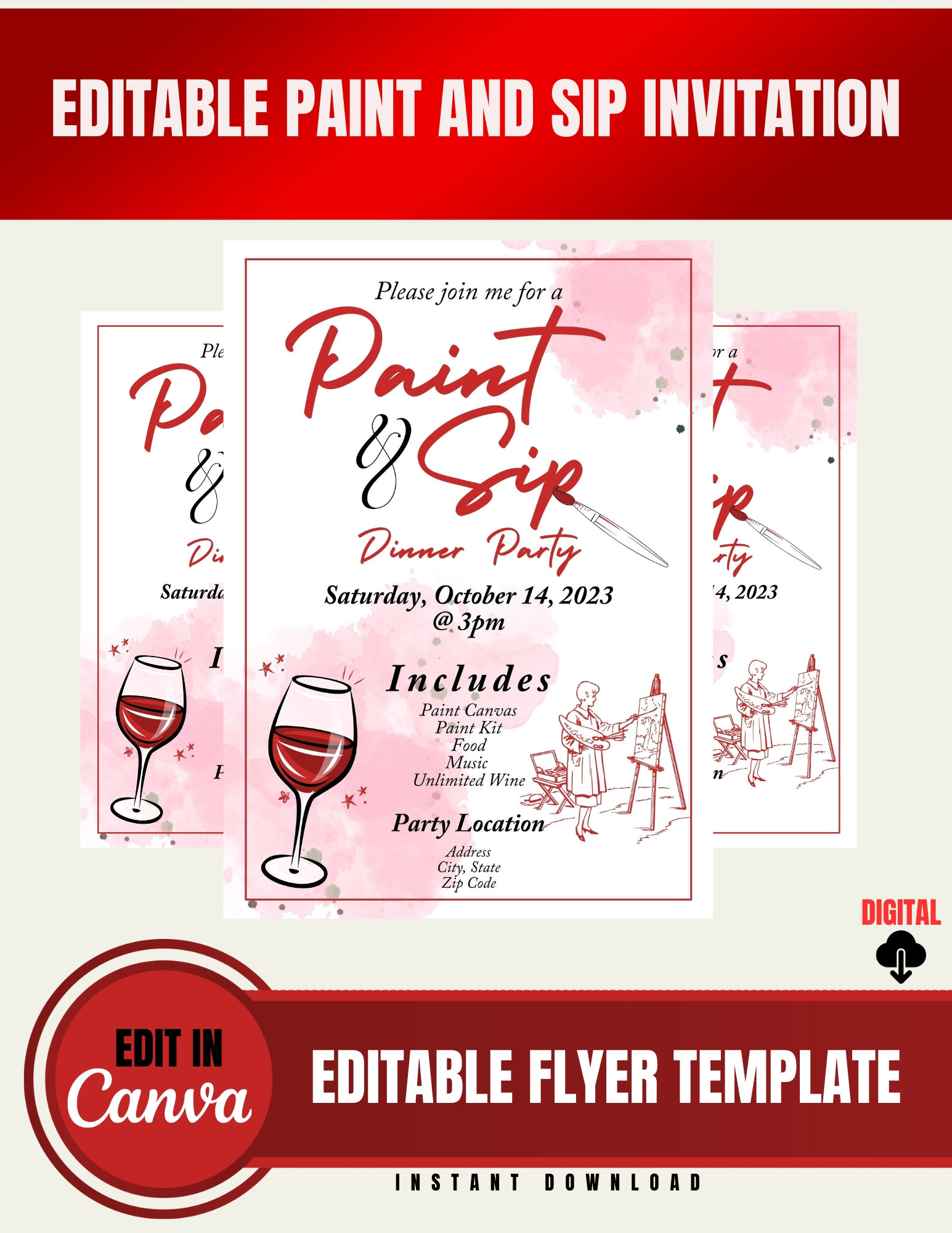 Paint and Sip Dinner Party Invitation Template - Etsy