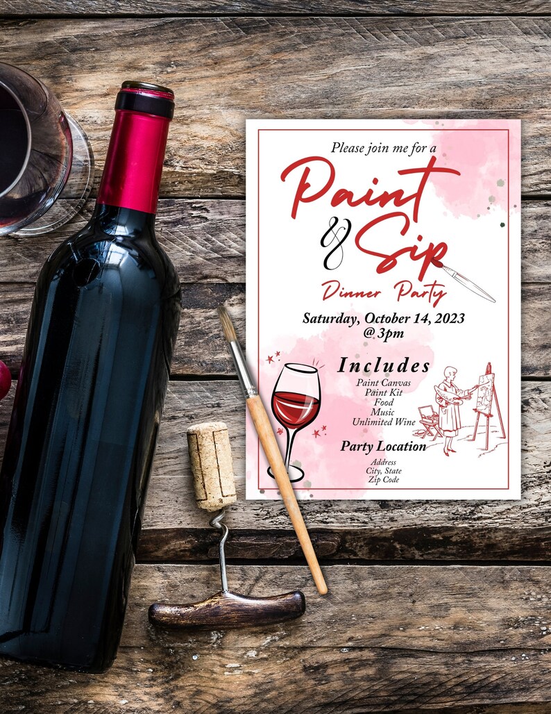 Paint and Sip Dinner Party Invitation Template - Etsy