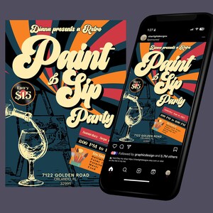 Retro Paint and Sip Party Flyer | Editable Canva Template (digital ...