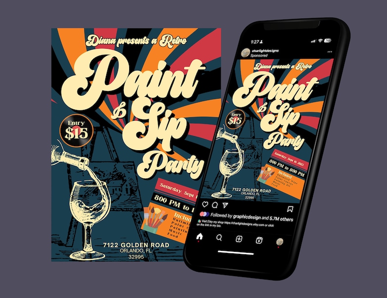 Retro Paint and Sip Party Flyer | Editable Canva Template (digital ...