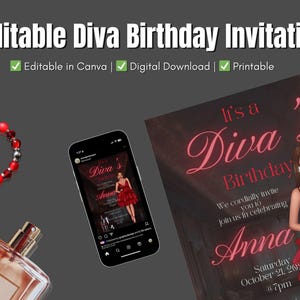 Diva Birthday Invitation – Canva Editable Luxury Party Template ...