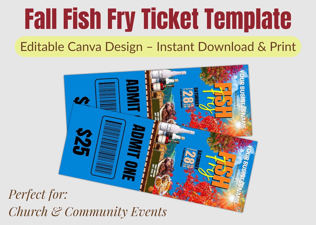 Fish Fry Ticket Template | Editable Canva Ticket | Printable Event ...