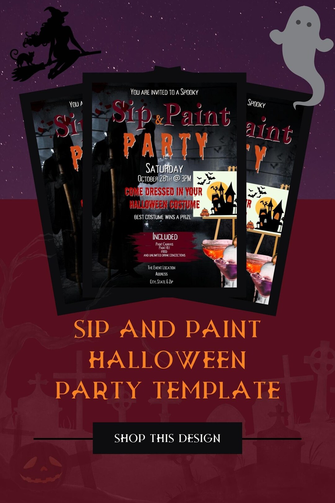 Sip and Paint Halloween Flyer Template - Etsy