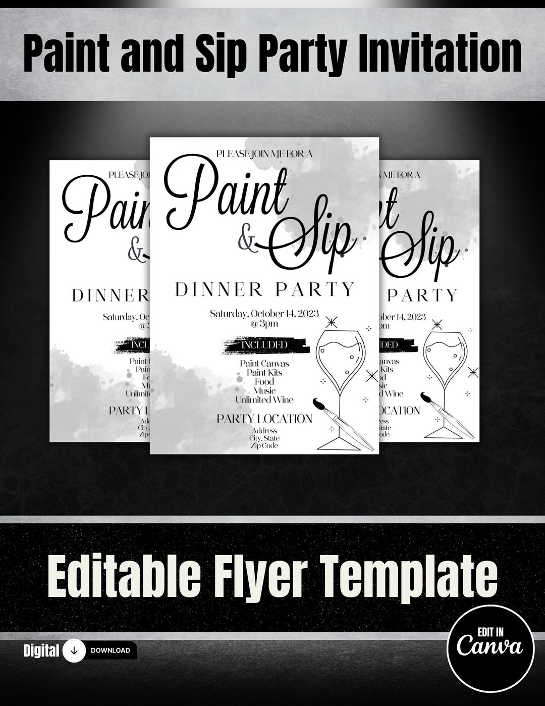 Paint and Sip Invitation Template (black and White) - Etsy