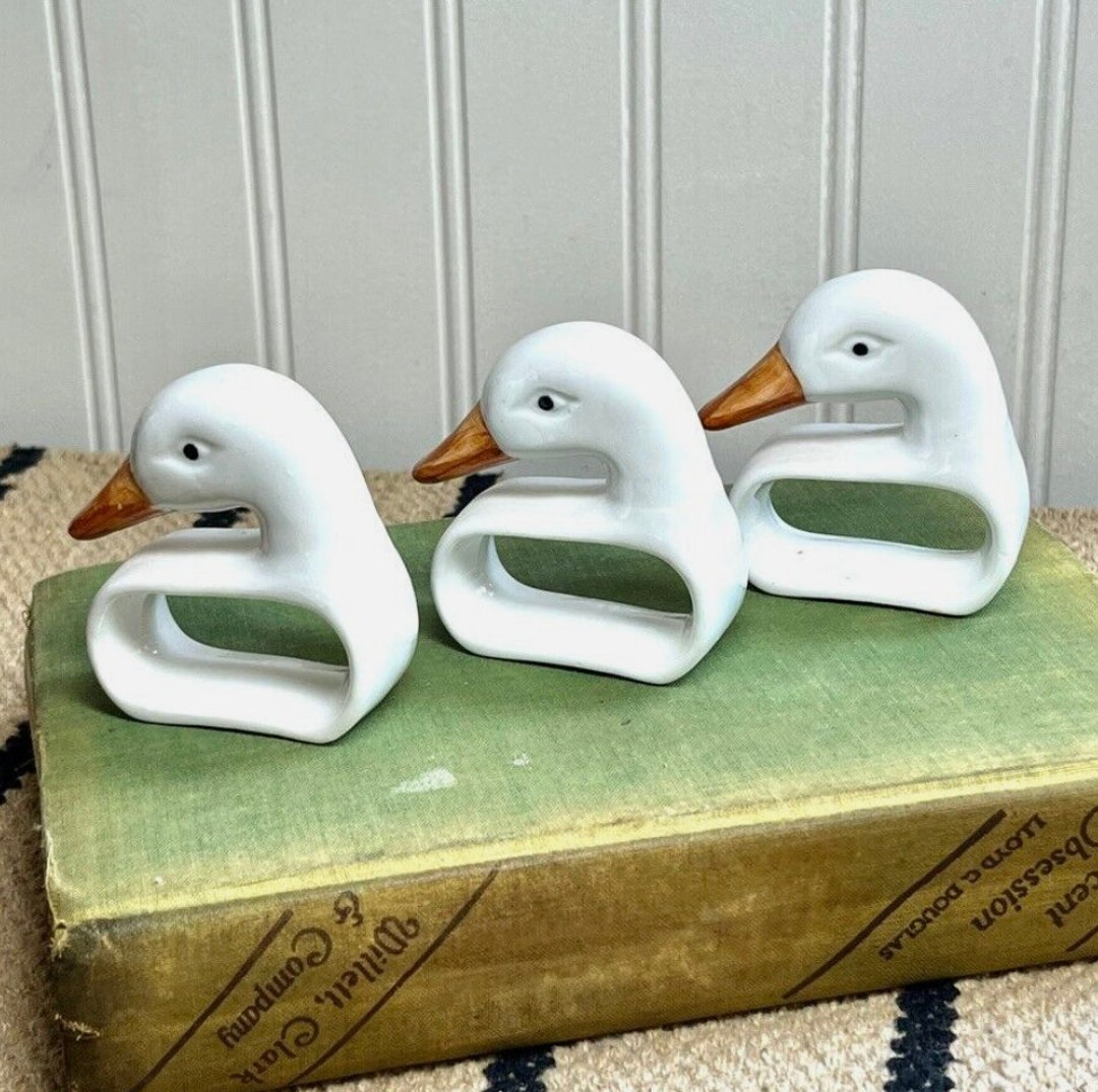 3 Ceramic Duck Napkin Rings, Cottagecore Table Settings, White, Orange ...