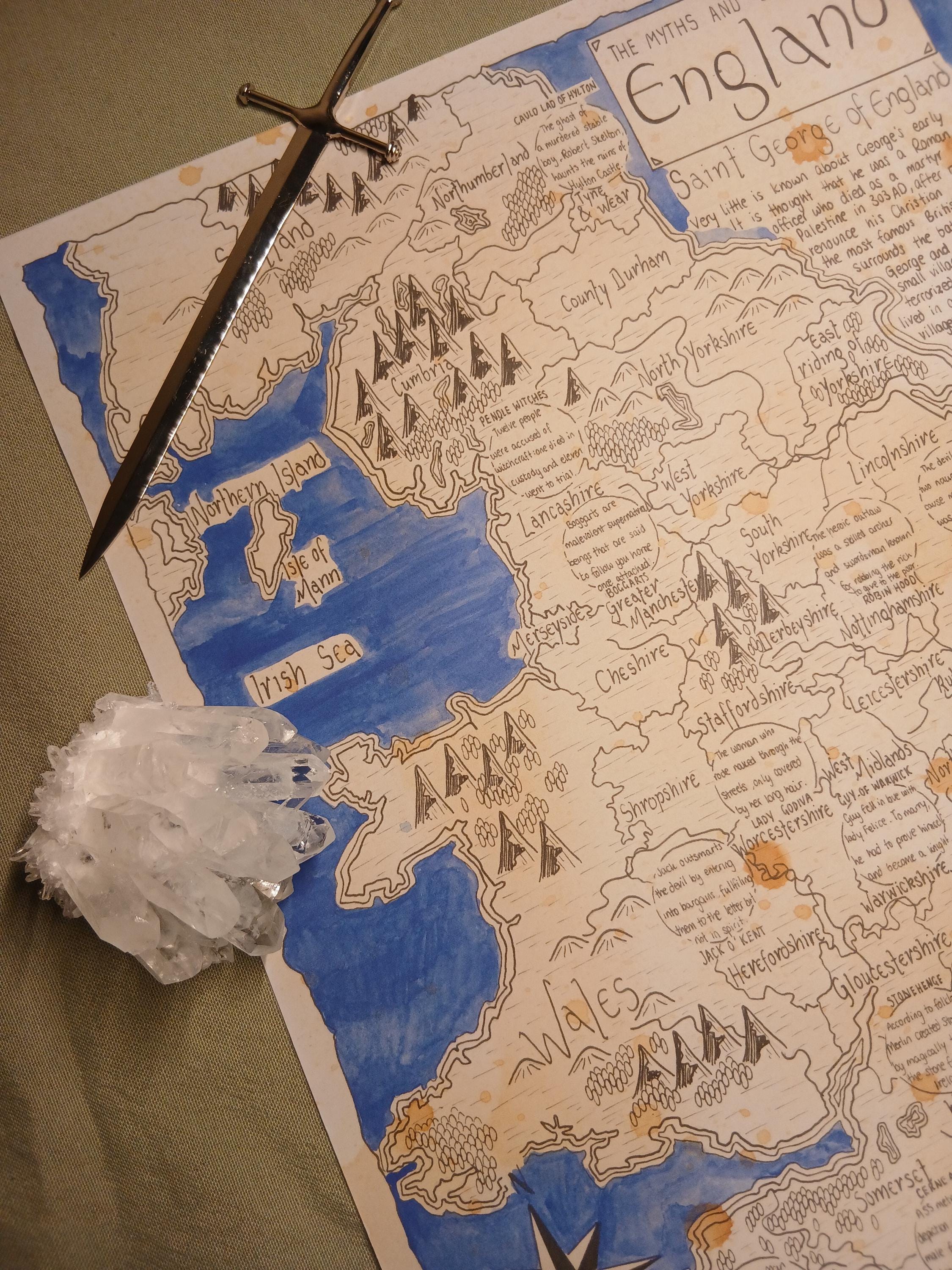 A3 Fantasy Map of UK Myths & Legends – Scotland, Wales, England and ...