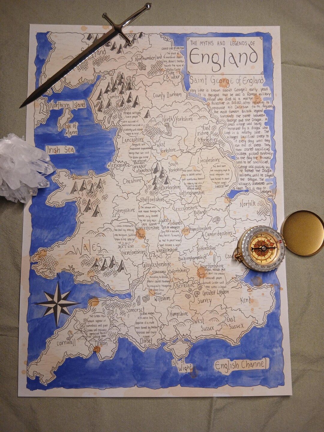 A3 Fantasy Map of UK Myths & Legends – Scotland, Wales, England and ...