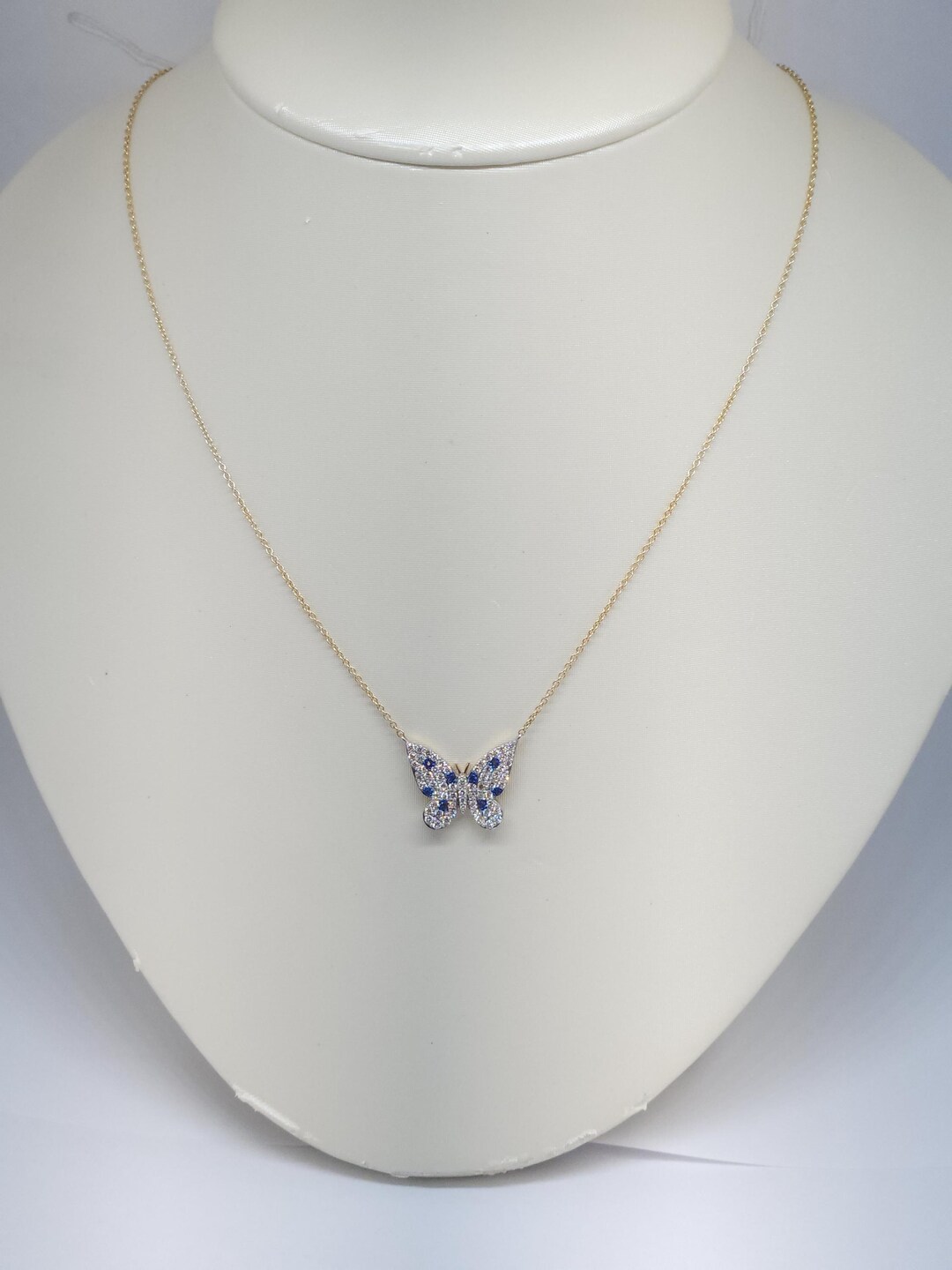 14K Yellow Gold Tiny Link Chain With 14K Yellow Gold Diamond Sapphire ...