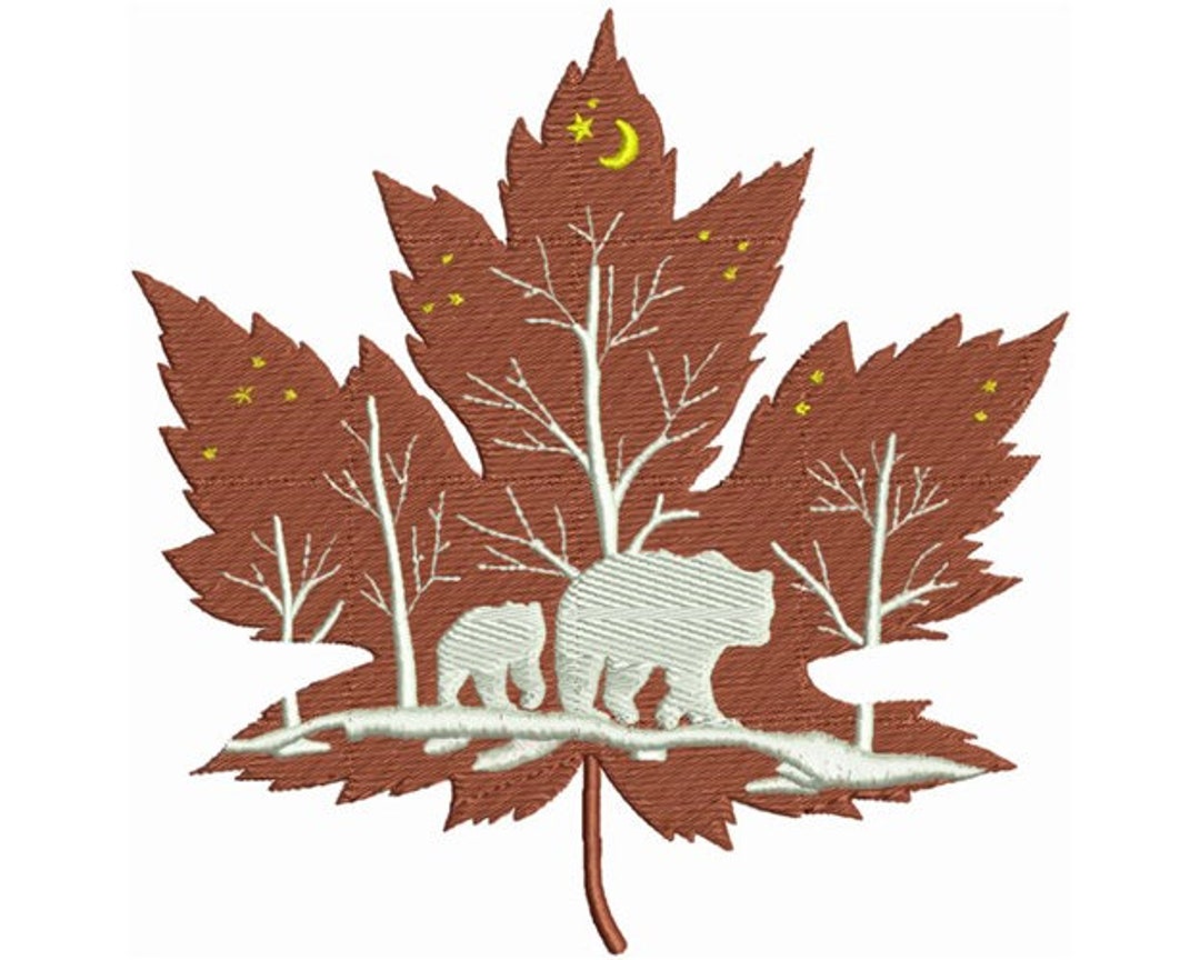 Machine Embroidery Design: Maple Leaf and Bear in Wilderness Night Sky Nature Inspired DIY ...