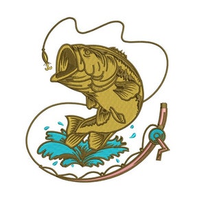Embroidery Design: Bass Fish With Fishing Rod | Fishing Enthusiast ...