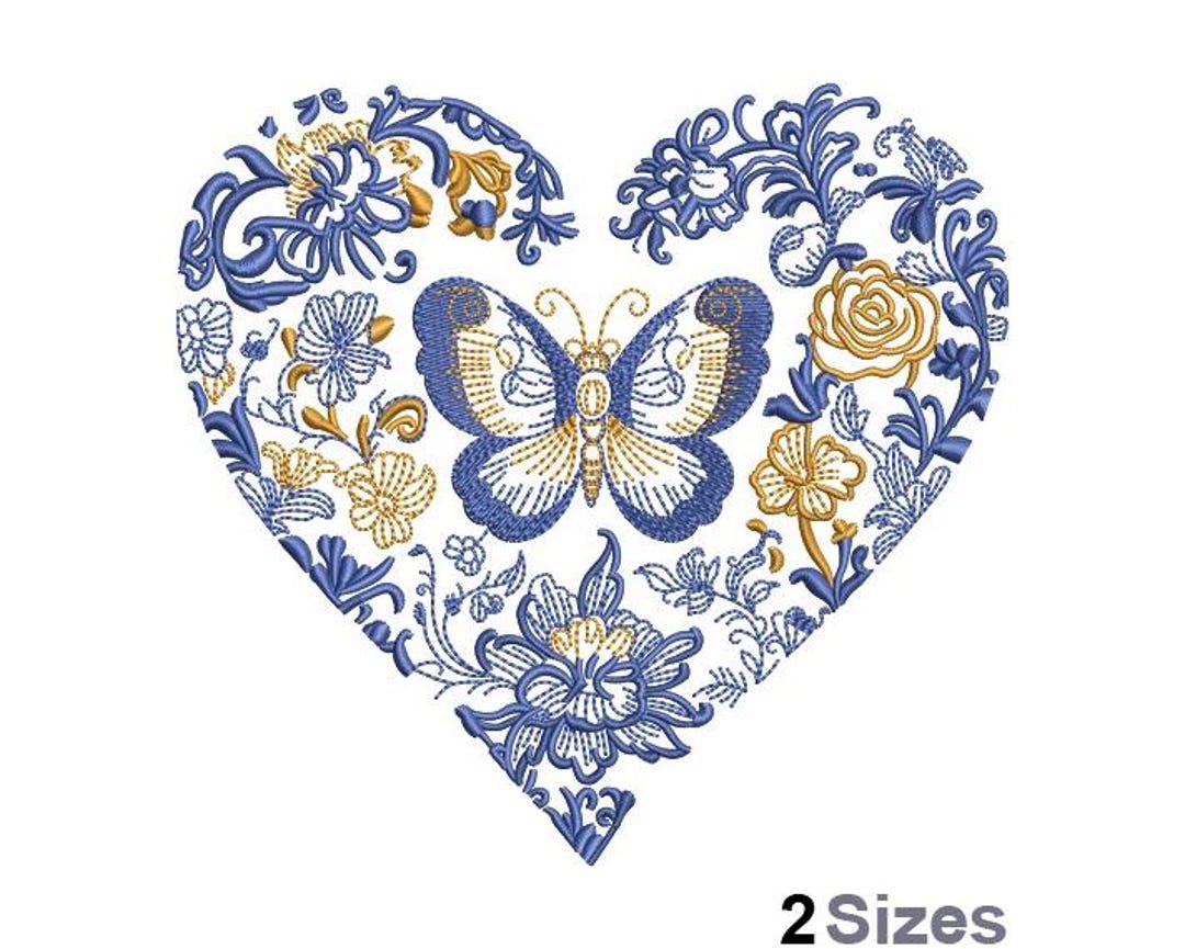 Floral Heart Embroidery - Butterfly Embroidery - Blue Floral Embroidery ...