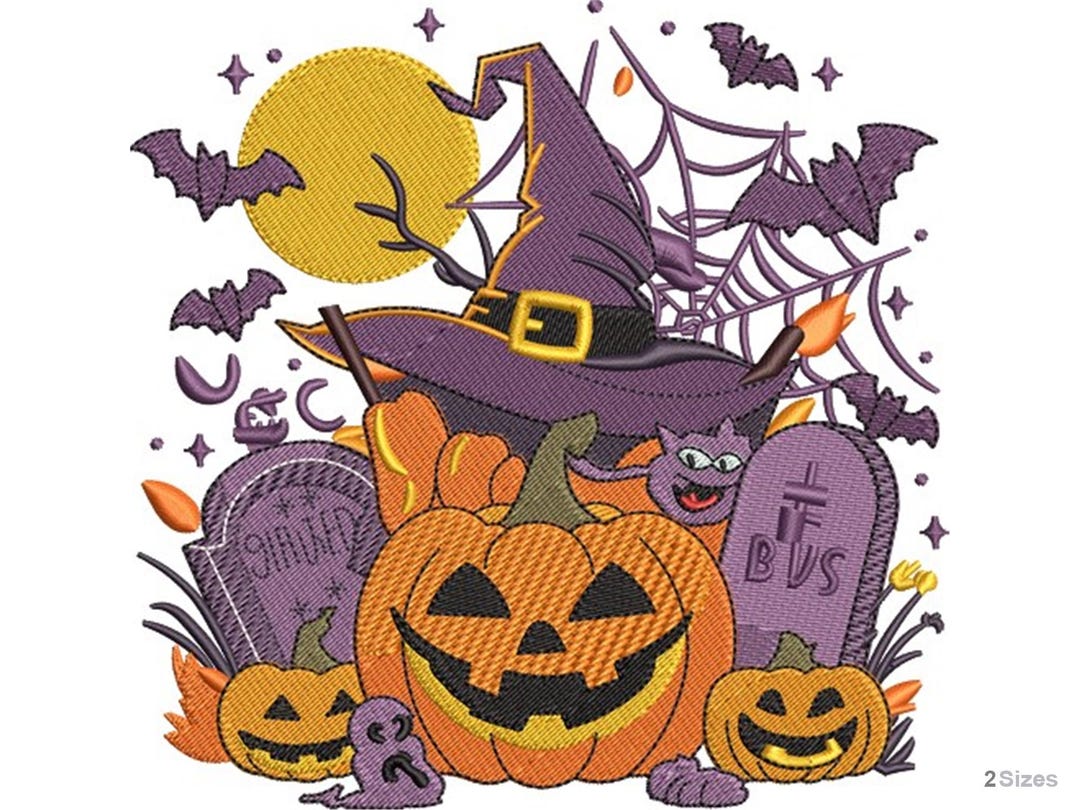 Halloween Witch Hat Pumpkin Graveyard Machine Embroidery Design Instant ...