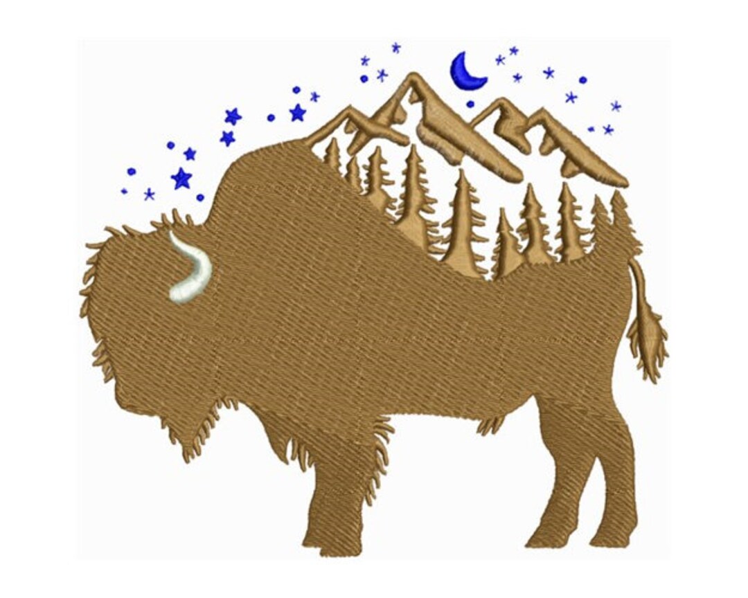 Buffalo Machine Embroidery Design With Night Sky, Alps, and Pine Tree ...