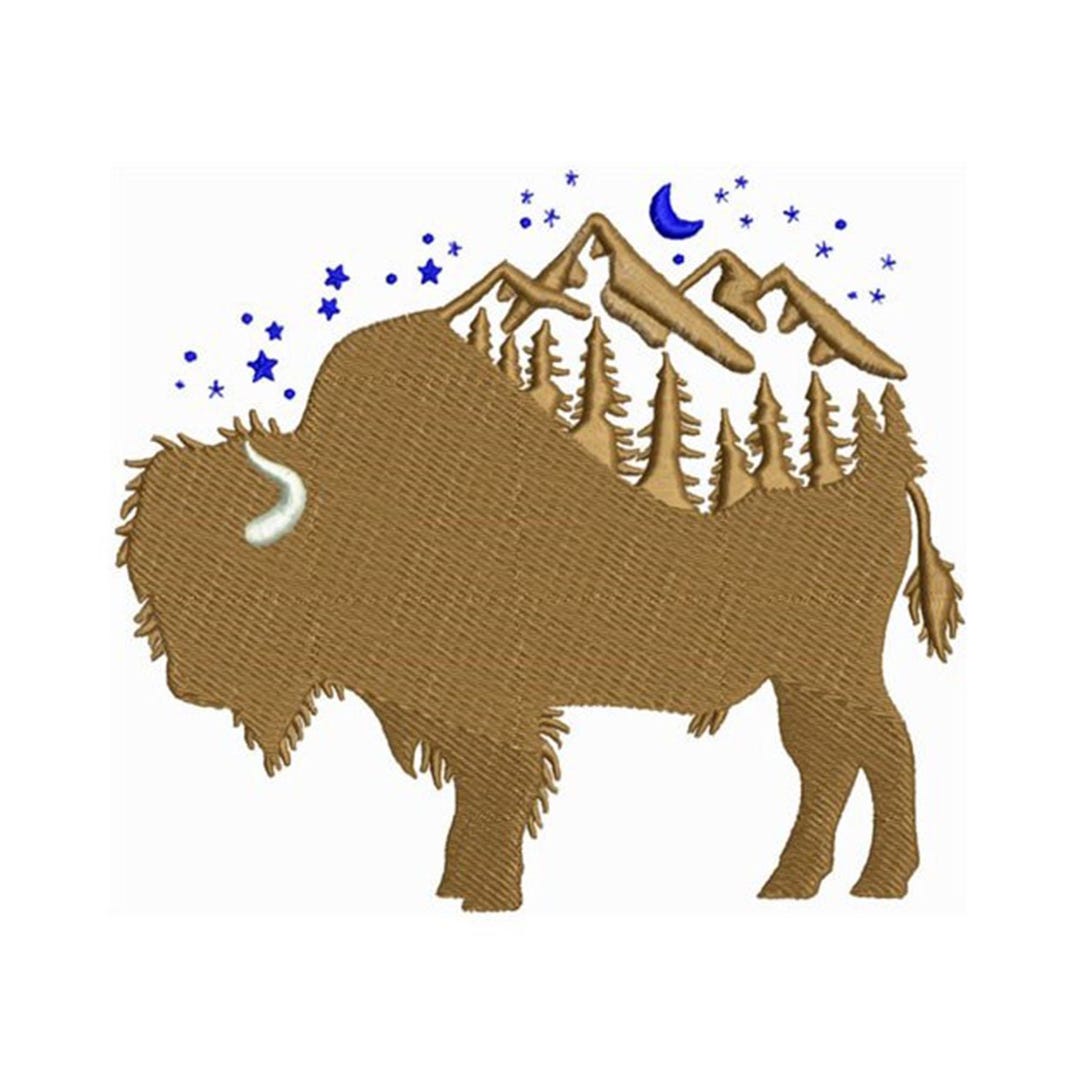 Buffalo Machine Embroidery Design With Night Sky, Alps, and Pine Tree ...