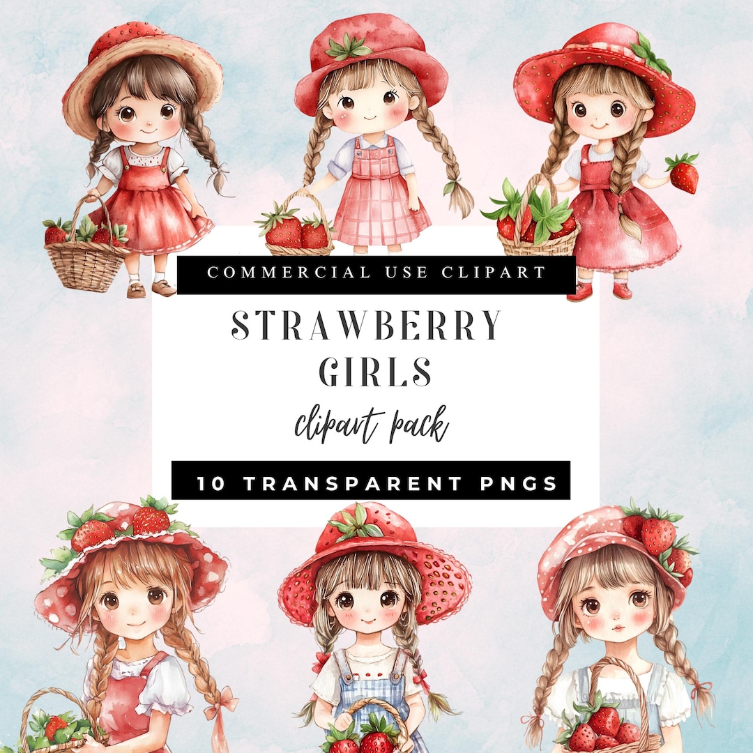 Strawberry Girls Clipart Pack - 10 Country Themed PNGS, Cute Art ...