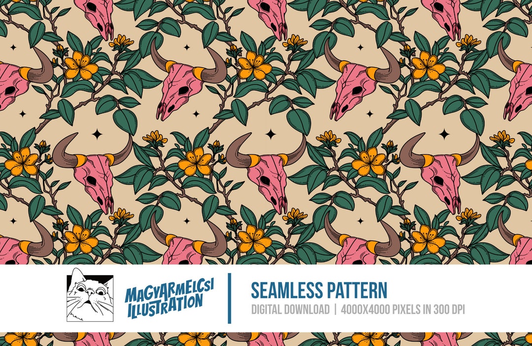 Floral Cow Skull Seamless Pattern Digital Download Digital - Etsy
