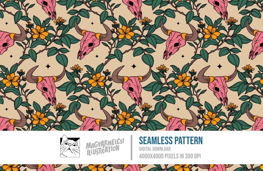 Floral Cow Skull Seamless Pattern Digital Download Digital Paper ...