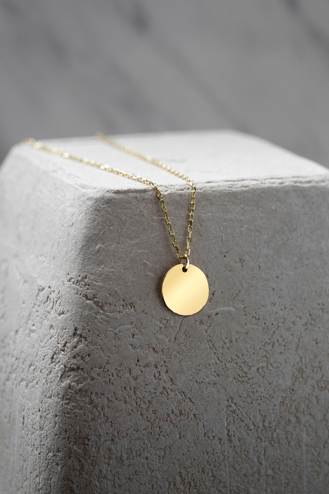 Solid Gold Disc Pendant Necklace, 14K Solid Gold Disc Charm, Dainty ...