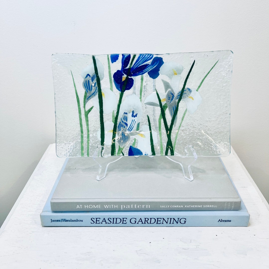 Vintage Ann C. Ross AC Fused Floral Glass Iris Serving Square Tray Dish ...
