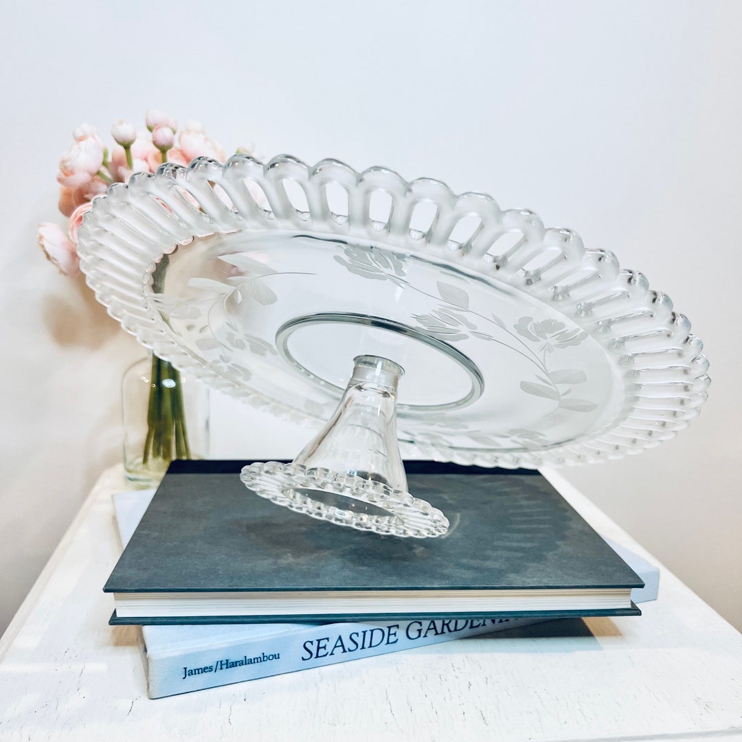 Vintage Open Lace Ribbon Edge Etched Floral Glass Cake Stand Pedestal ...
