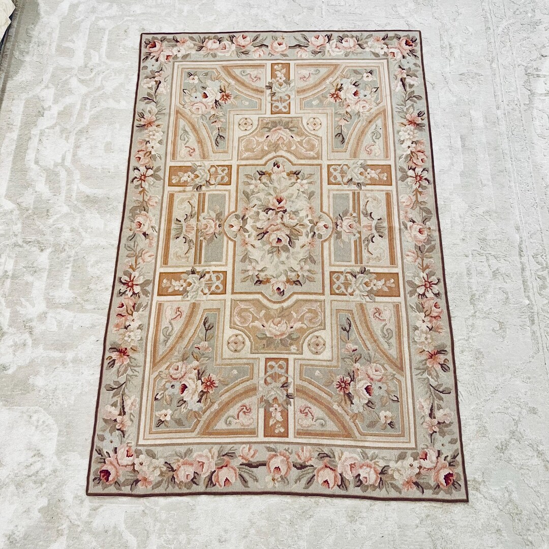 Vintage French Aubusson Floral Needlepoint Oriental Area Rug Shabby ...