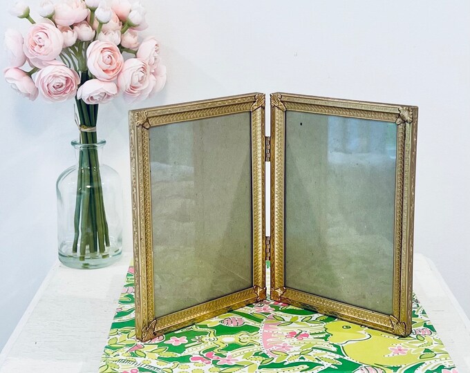 Vintage Bi-fold Brass Double Frame Hinged 5x7 Photo Picture Gold Velvet ...