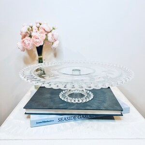 Vintage Open Lace Ribbon Edge Etched Floral Glass Cake Stand Pedestal ...
