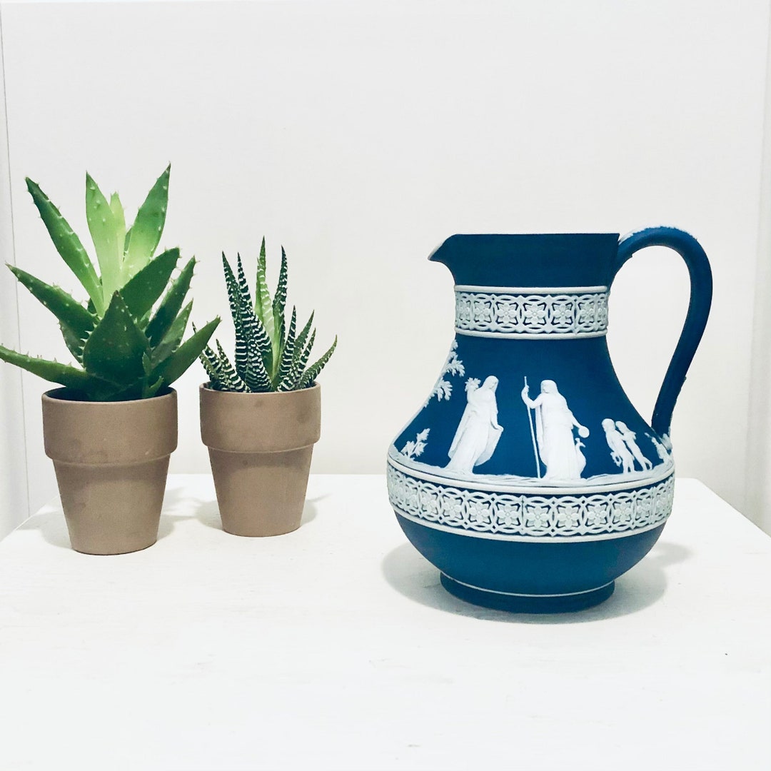 Wedgwood Cobalt Blue Jasperware Pitcher Etruscan Cherub Vintage Blue ...