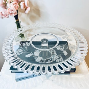 Vintage Open Lace Ribbon Edge Etched Floral Glass Cake Stand Pedestal ...